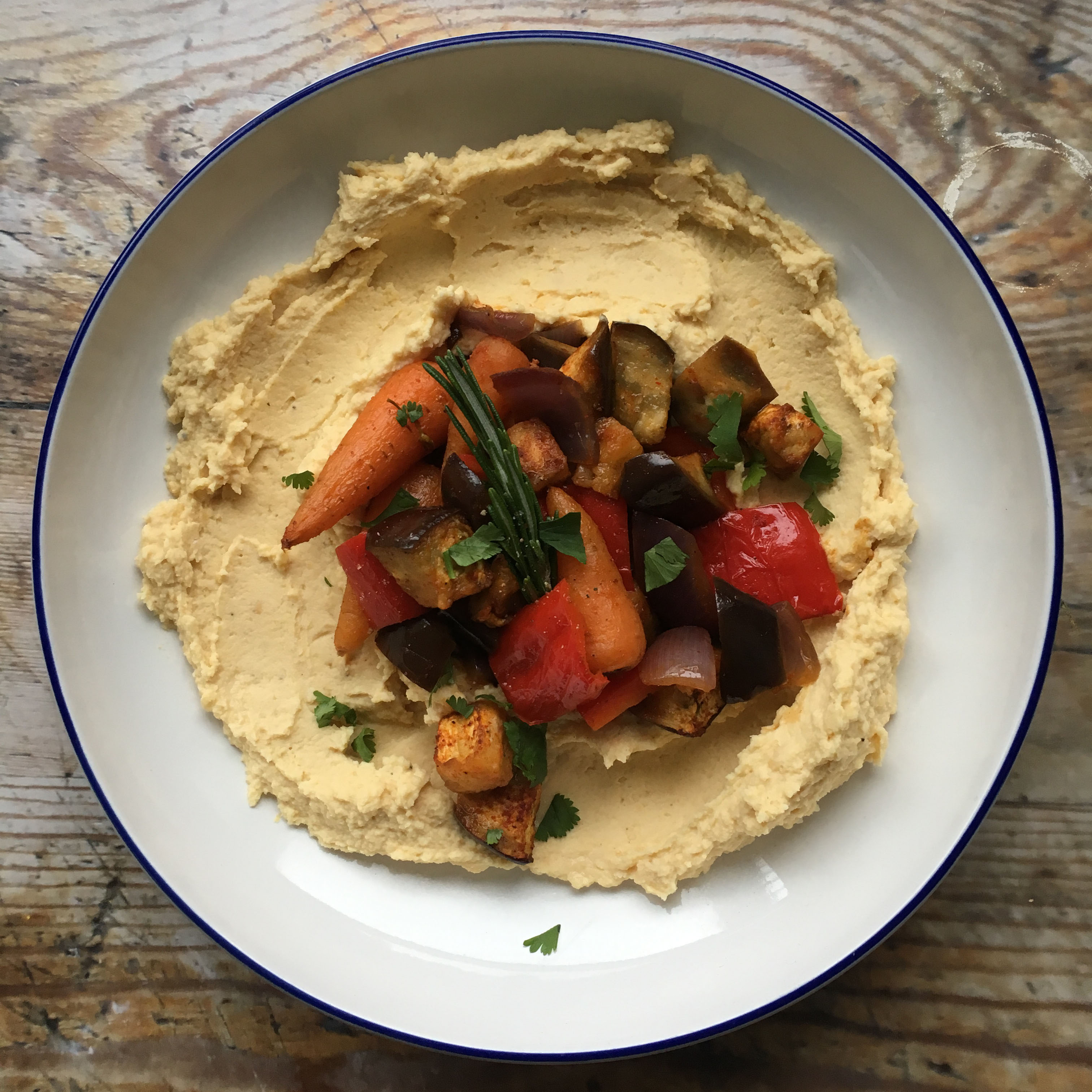 Roasted vegetable hummus bowl