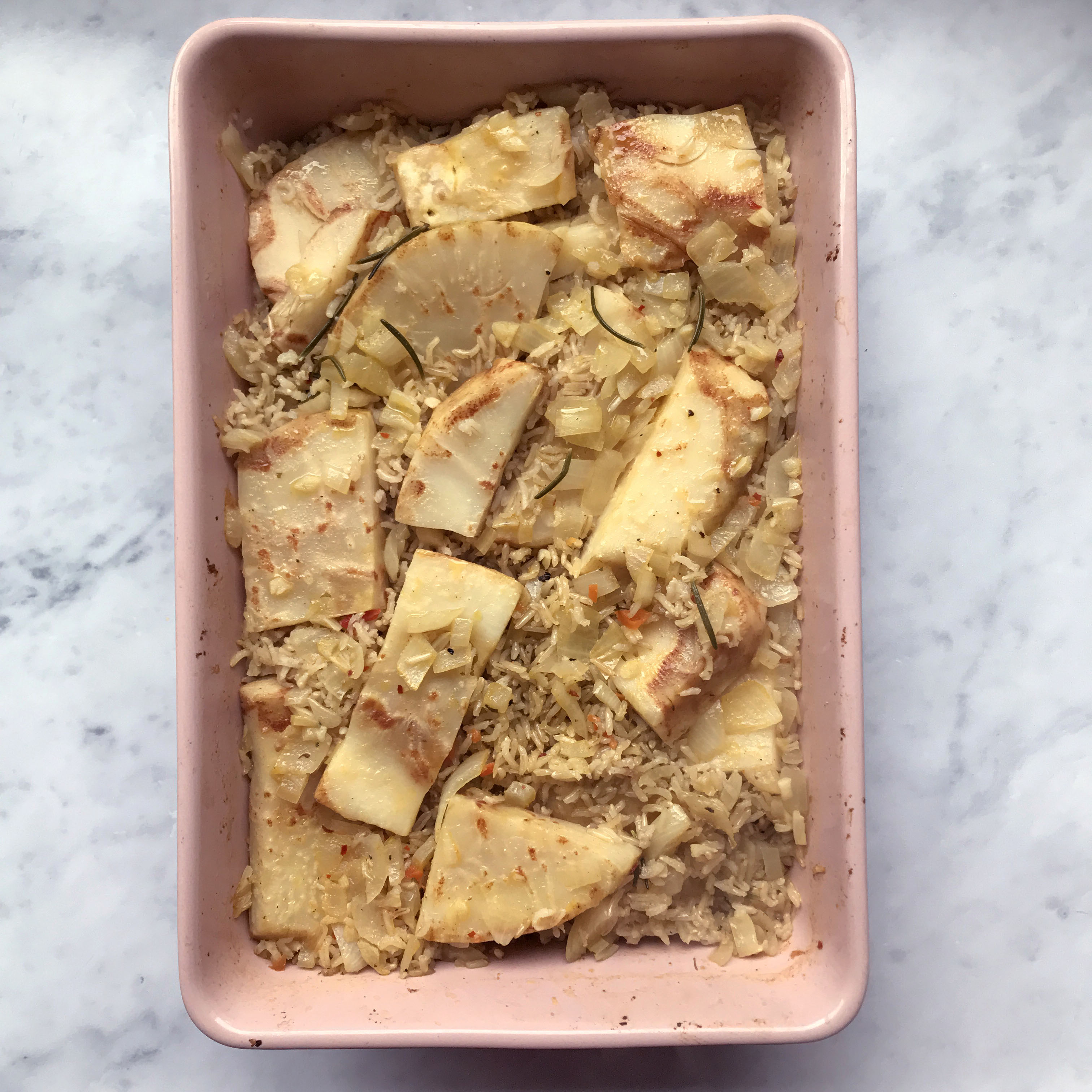 Celeriac baked rice with goats cheese